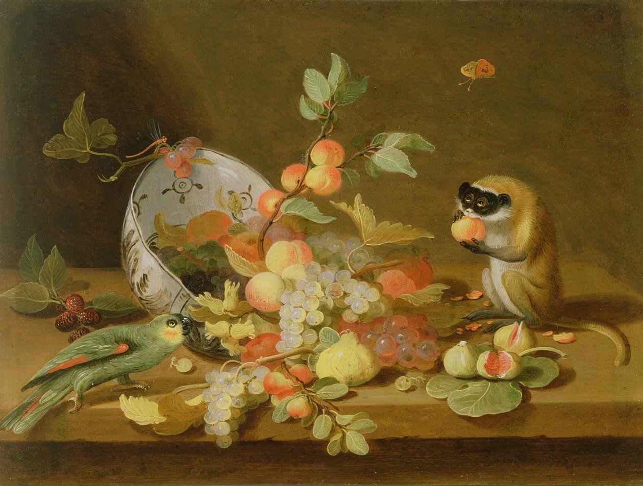 Grapes and Peaches Spilling from an Overturned Delft Bowl