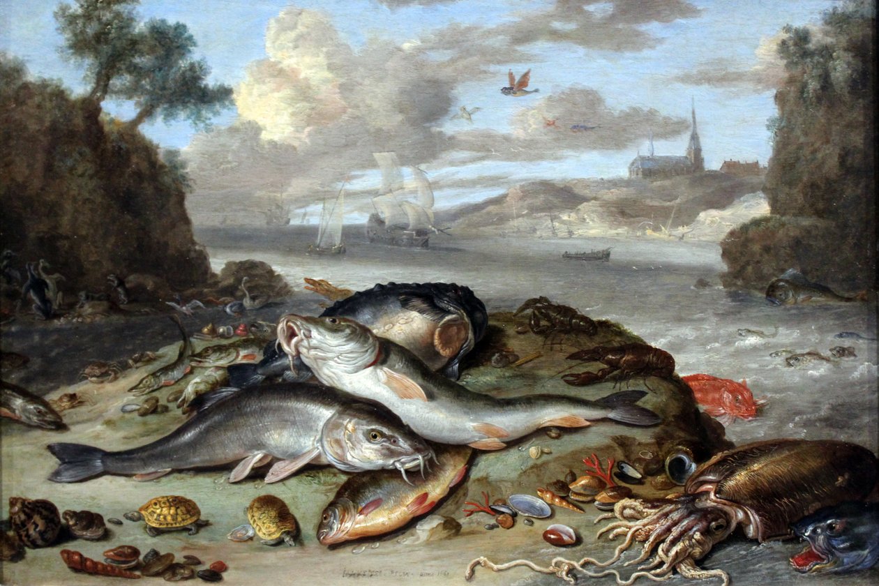 Still Life with Fish and Sea Creatures in a Coastal Landscape