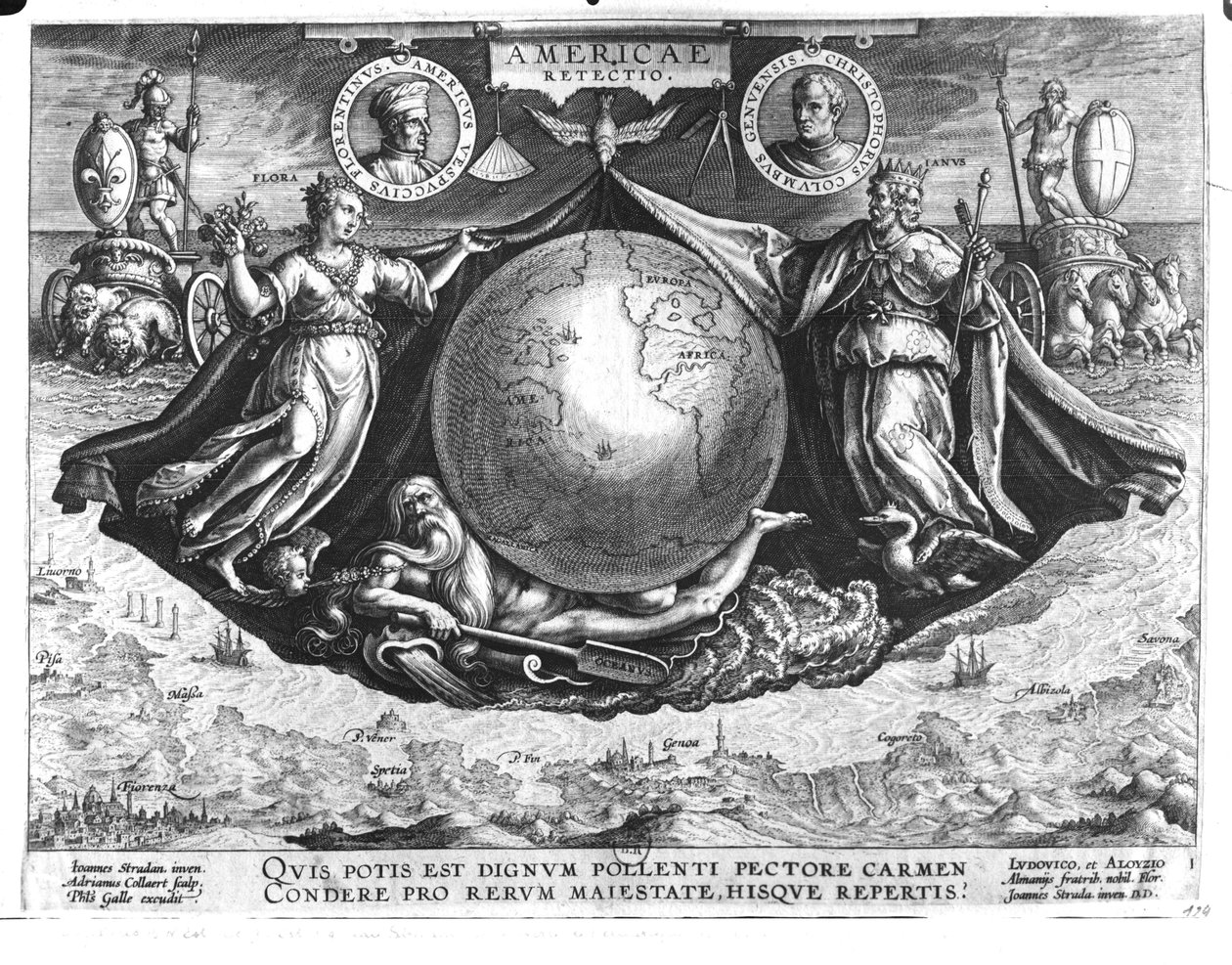 Discovery of America with portraits of Amerigo Vespucci and Christopher ...