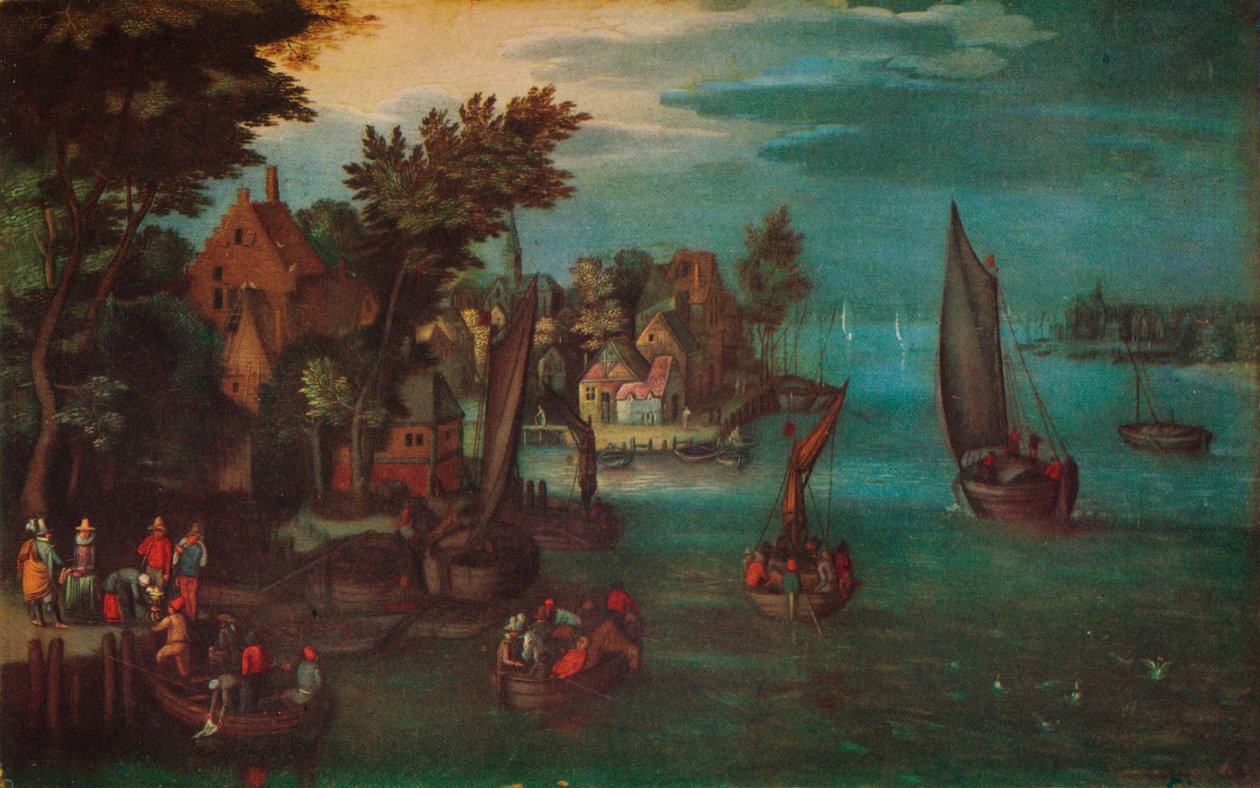 A Busy River Scene with Dutch Vessels and a Ferry, c1605