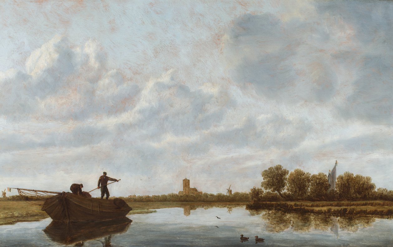 Men on a Barge in a River Landscape with a Distant Church