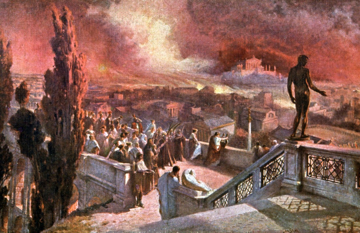 Roman Emperor Nero Playing Music Looking at the Fire of Rome