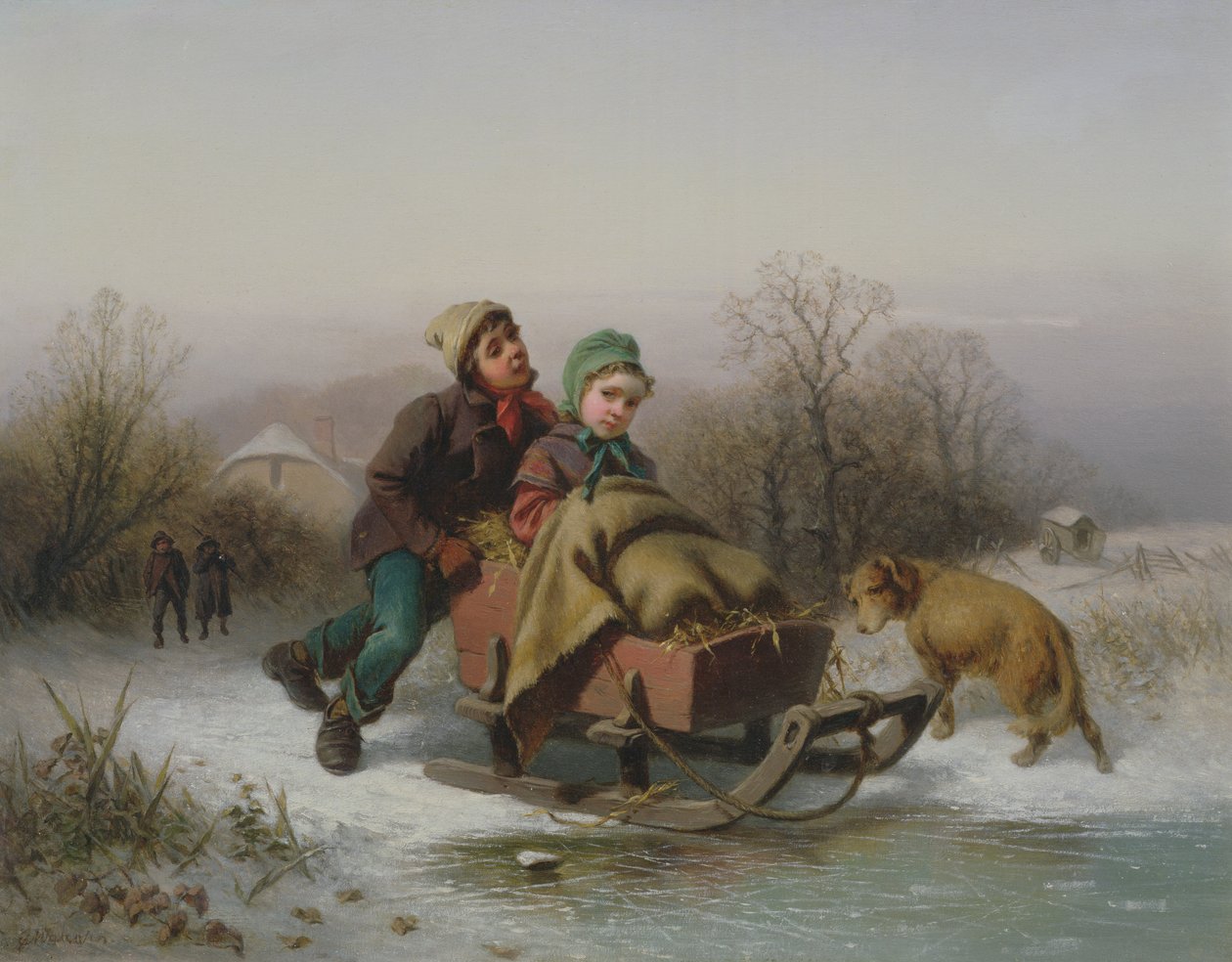A Boy Pushing a Young Girl in a Sledge by Jan Walraven