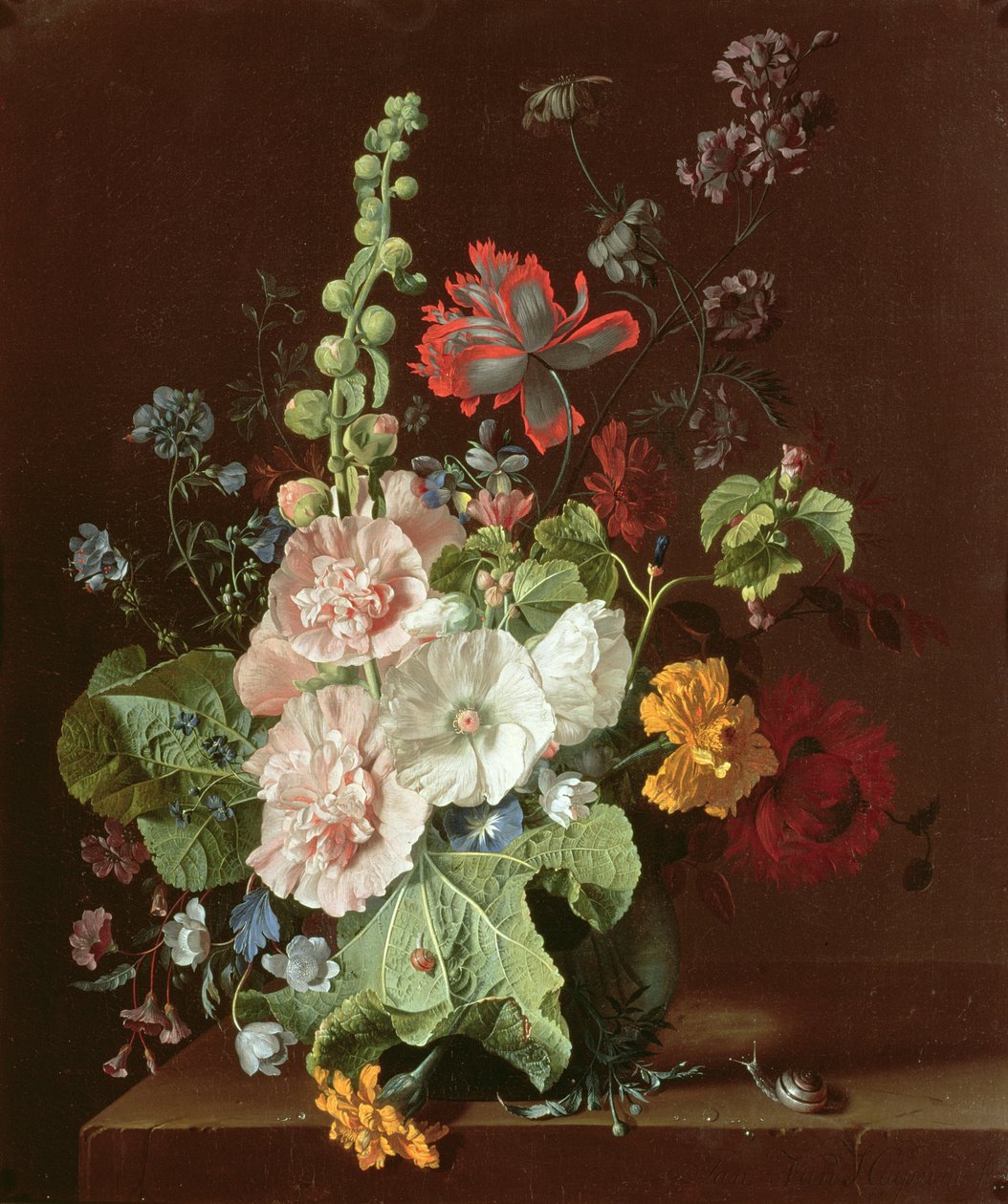 Hollyhocks and Other Flowers in a Vase by Jan van Huysum