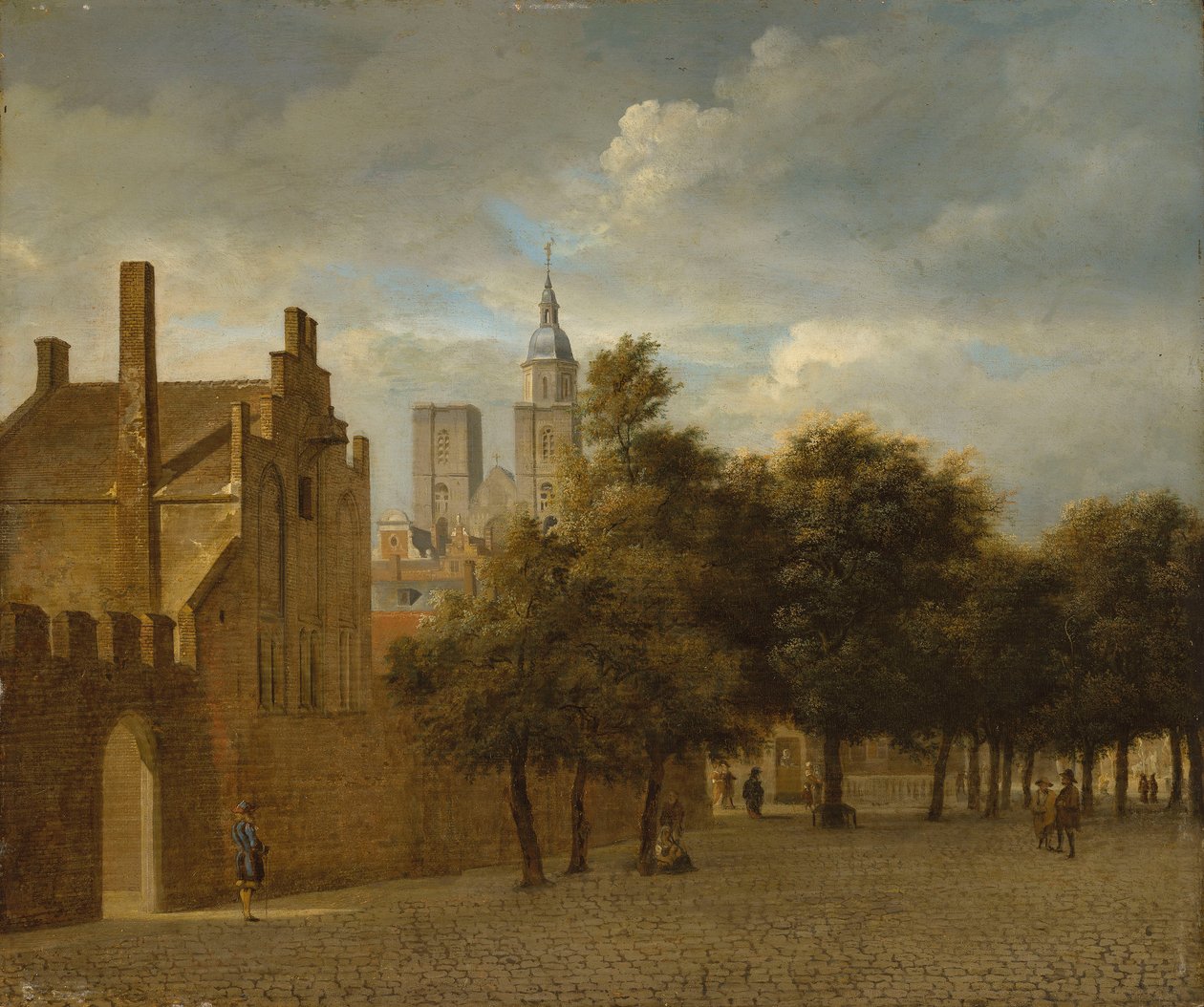 A Townscape with Figures Promenading, a Church Beyond