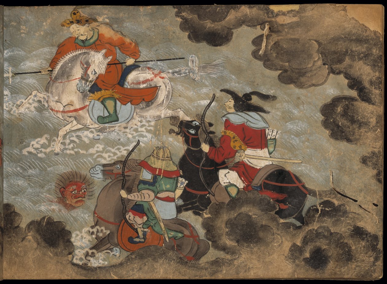 Mounted Soldiers Fighting Demons, Illustration from the 'Taishokkan'