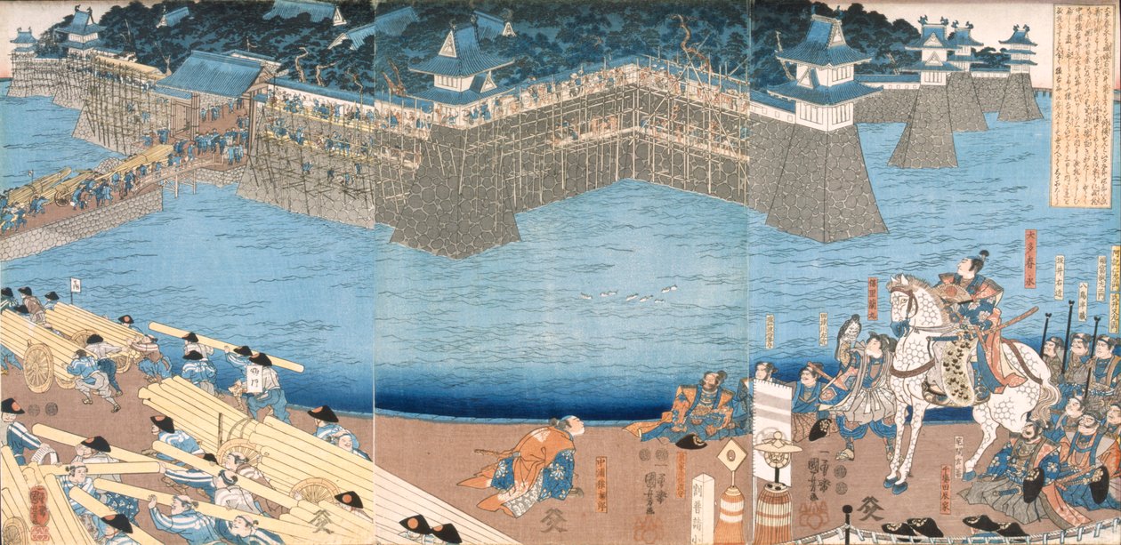 Triptych Showing a Fort Being Built by River Kunigos