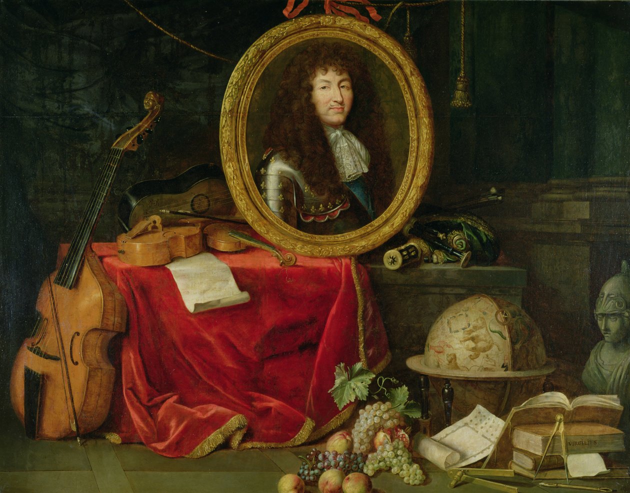 Still life with portrait of King Louis XIV surrounded by musical ...
