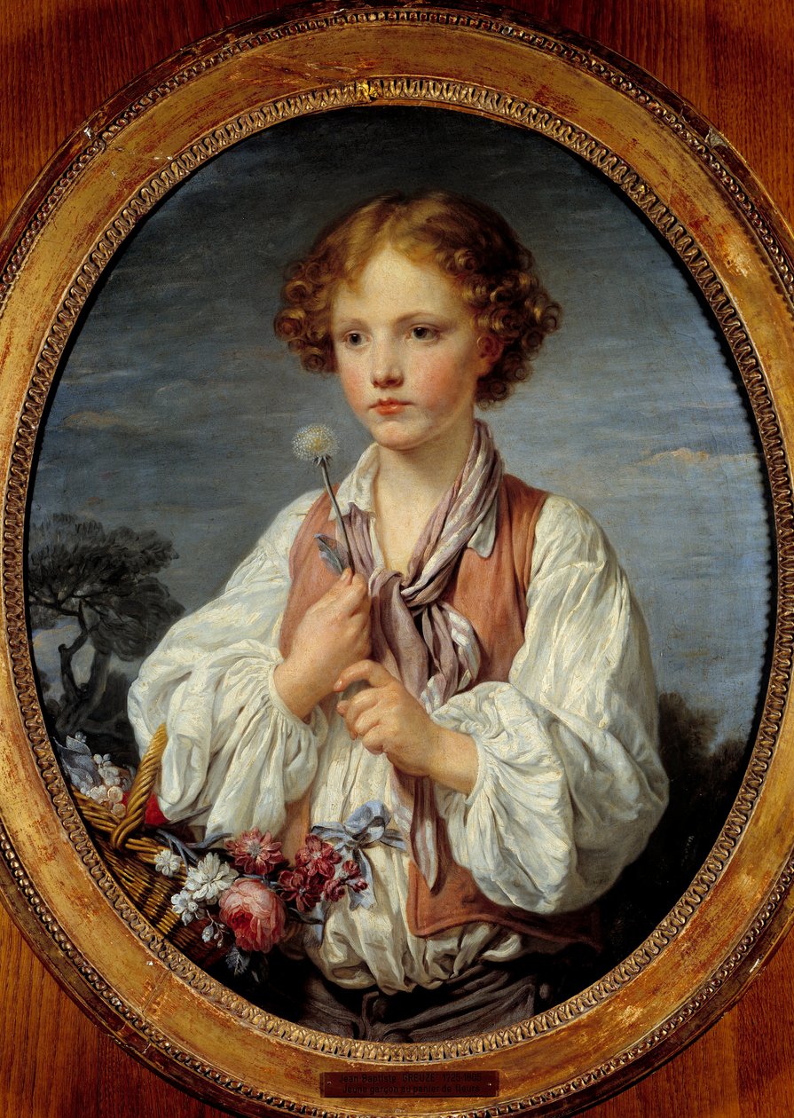 Young boy in the basket of flowers by Jean-Baptiste Greuze