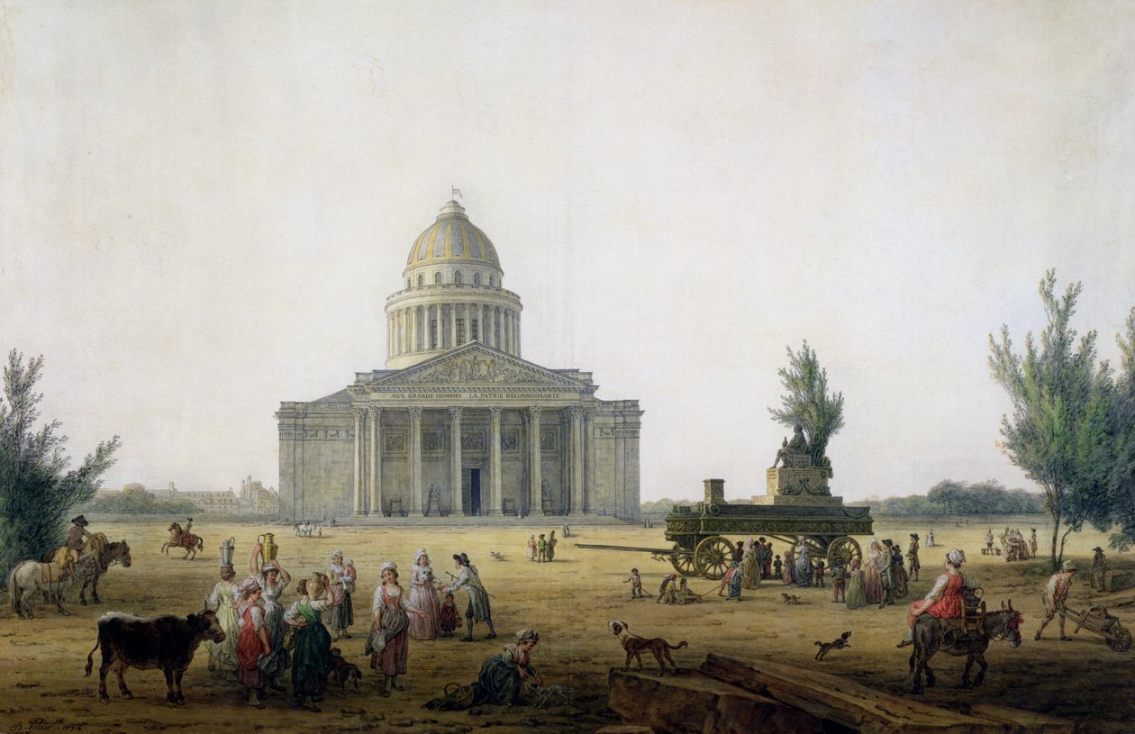 View of the Pantheon in Paris with a carriage bearing a statue of Jean ...