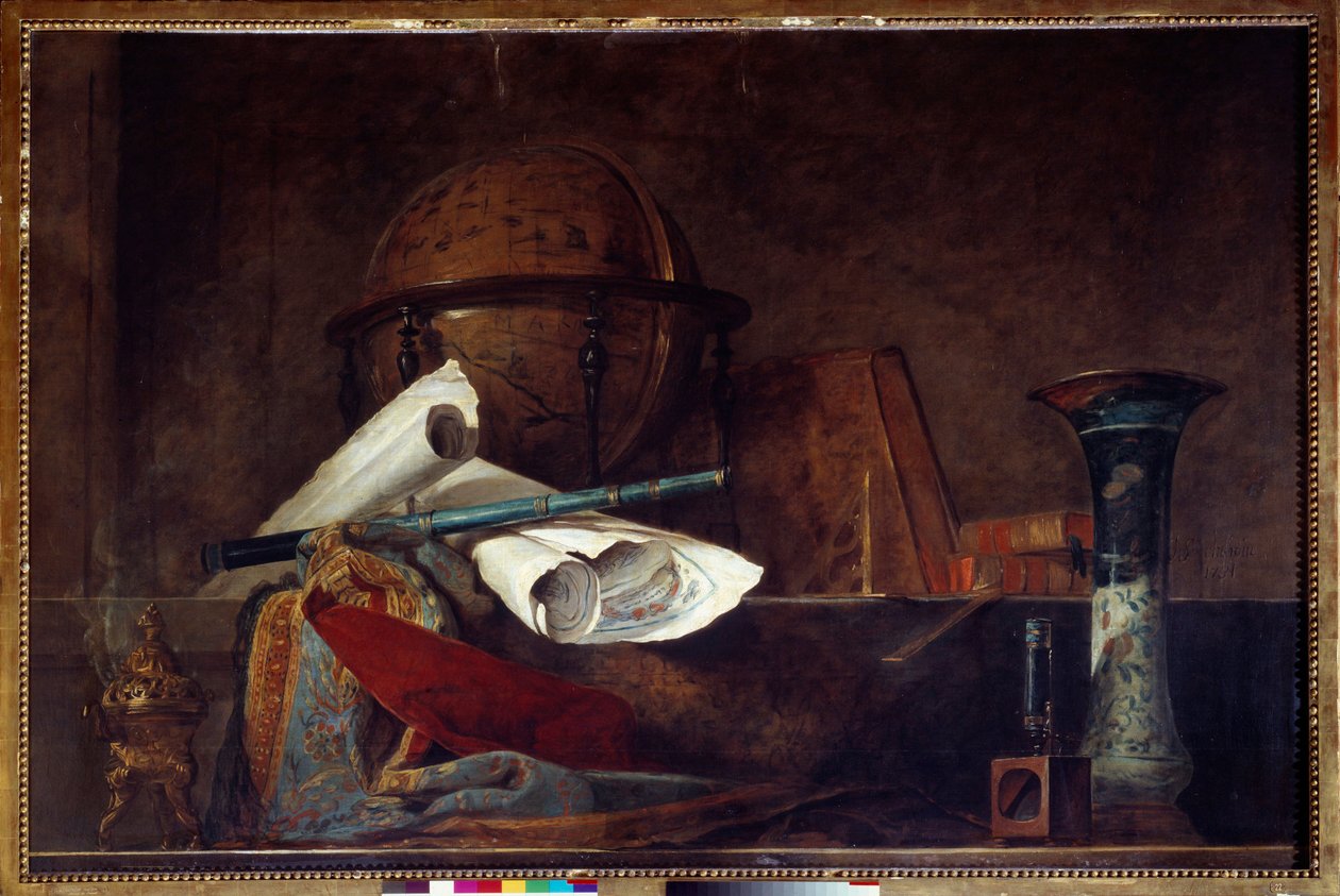 Allegory of science Still life, globe, geographic maps, books and vase