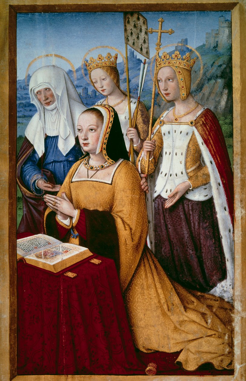 Portrait of Anne of Brittany, Queen of France, in prayer with her holy ...