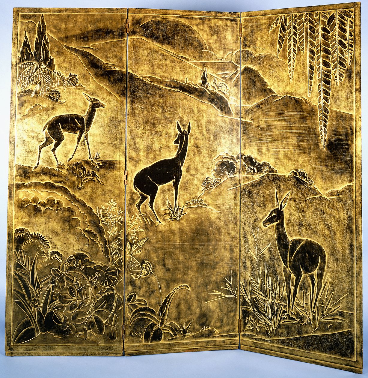 A Three-Fold Lacquer Screen, Depicting Deer in a Landscape of Hills