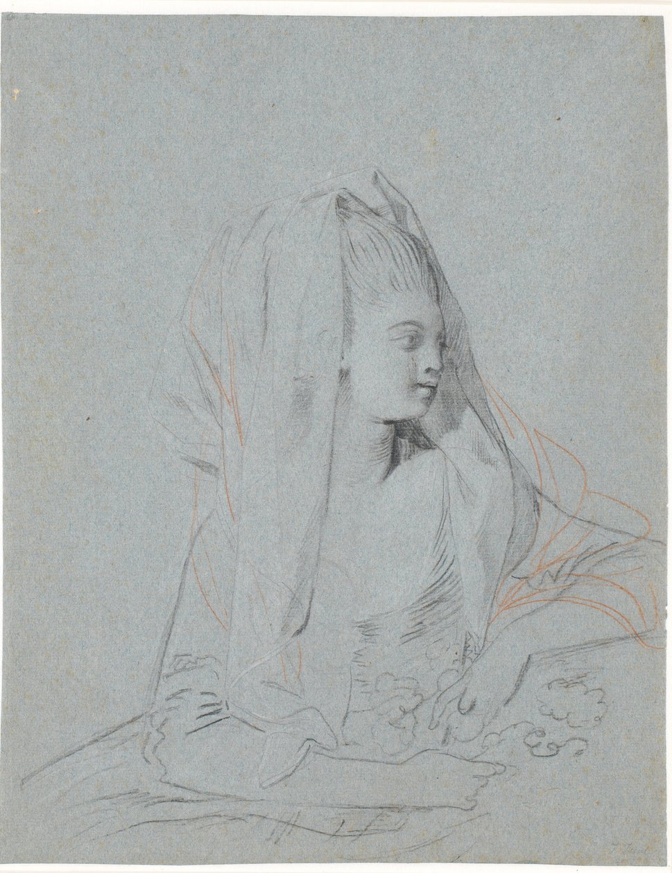 Study of a Seated Young Lady with Flowers in Her Hands and a Veil Over ...