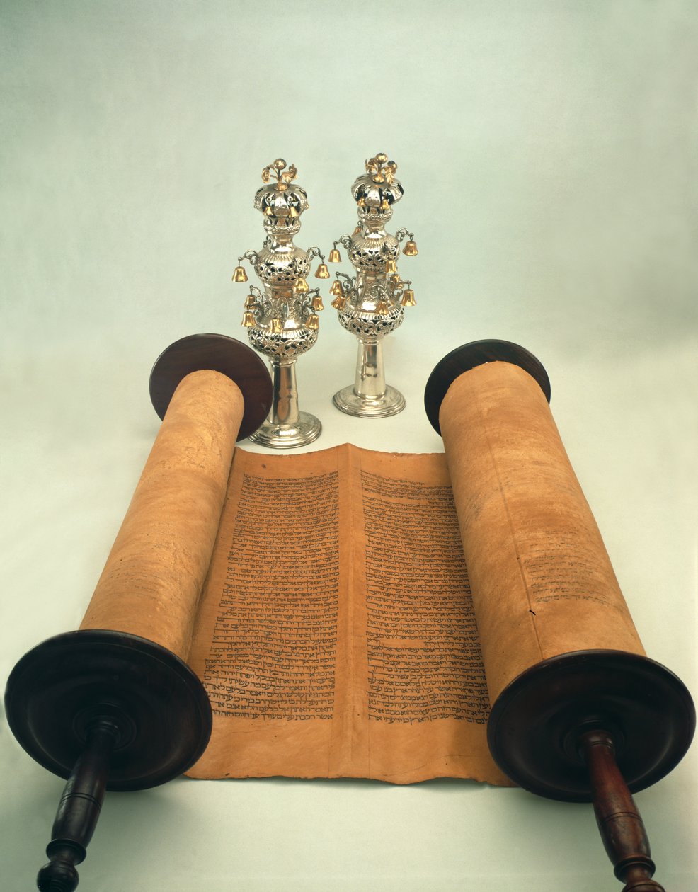 Torah Scroll with Silver Crown Finials by Jewish School