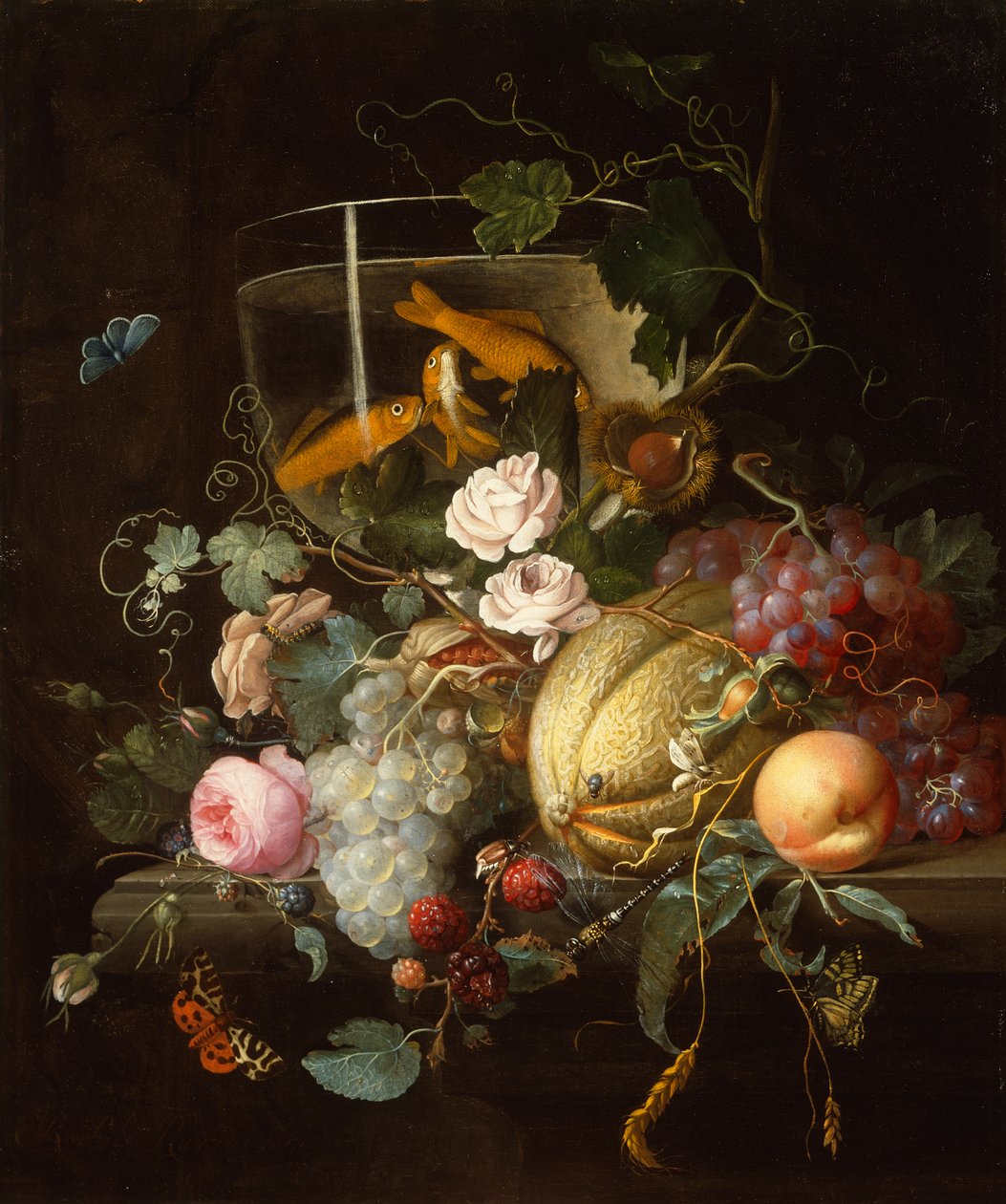 A Goldfish Bowl, Roses, Fruits and Nuts with Insects on a Stone Ledge
