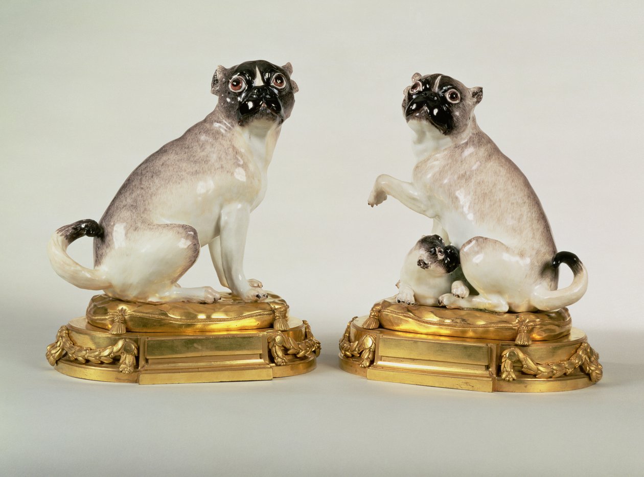 Pair of Meissen porcelain figures of pug dogs mounted in Louis XVI ormolu