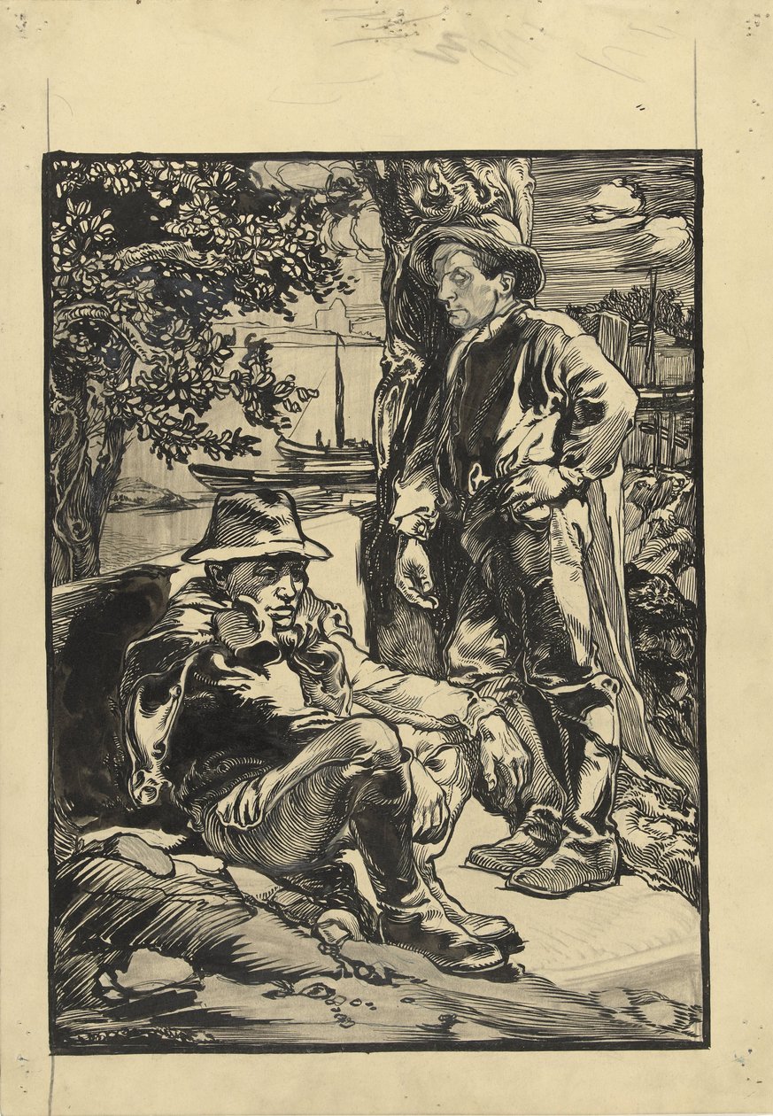 Two Dike Workers, One Sitting, the Other Leaning Against a Tree