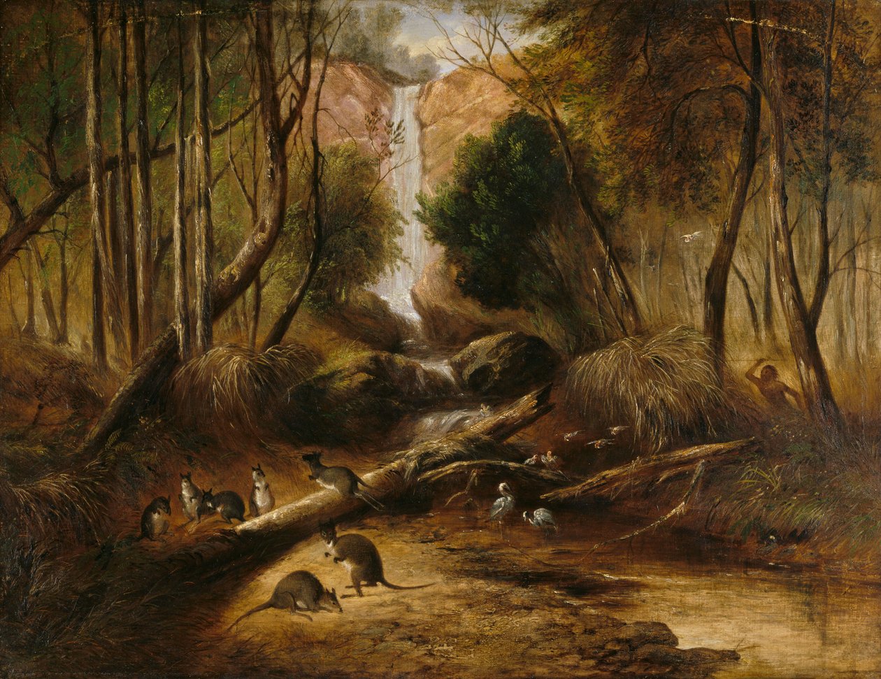 Bush Landscape with Waterfall and an Aborigine Stalking Native Animals ...