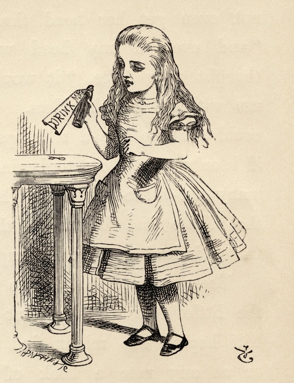 Alice peering at the Drink Me bottle, from 'Alice's Adventures in ...
