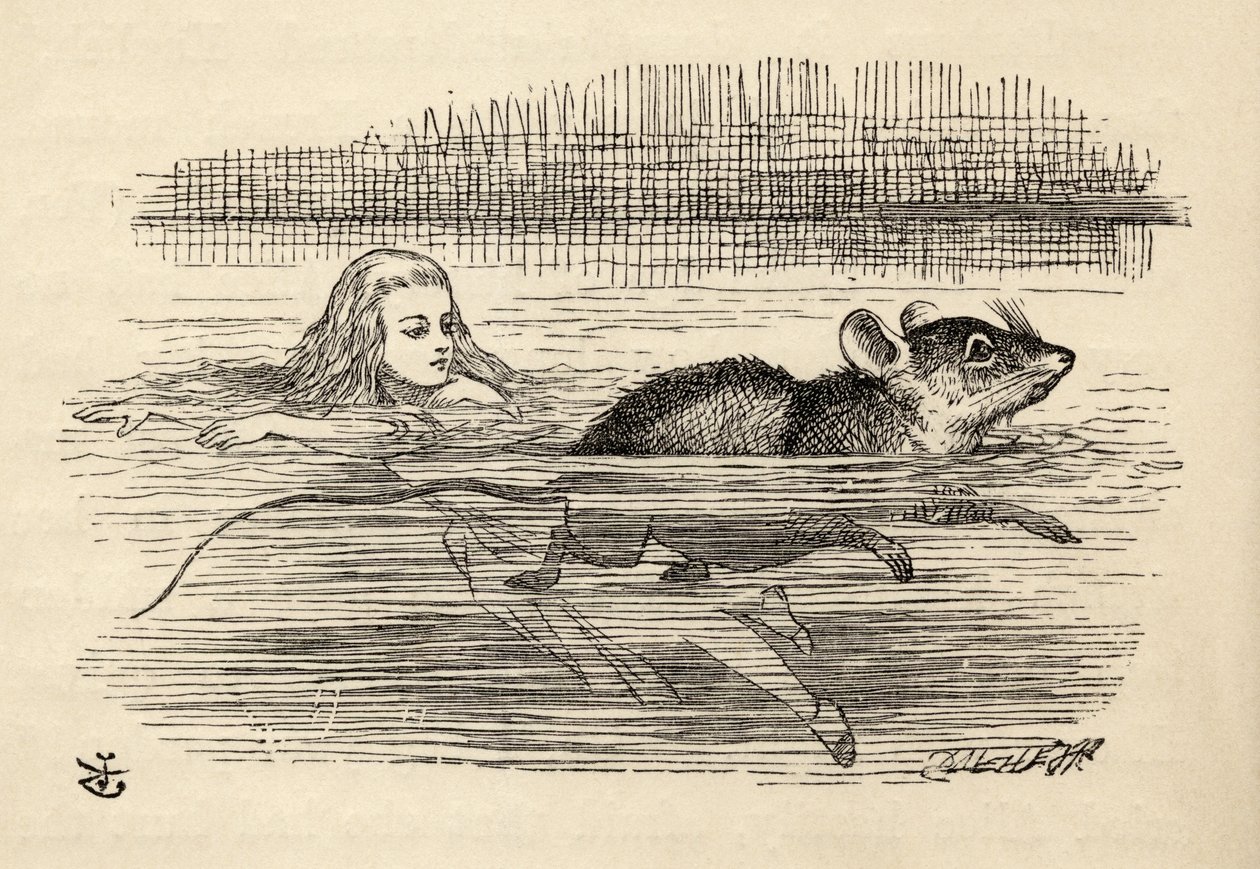 Alice swimming with a mouse in the pool of tears, from 'Alice's ...