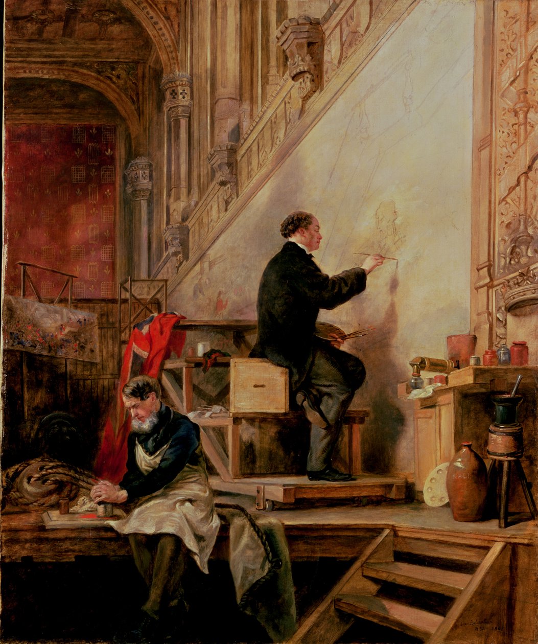 Daniel Maclise (1806-70) painting his mural 'The Death of Nelson' in ...