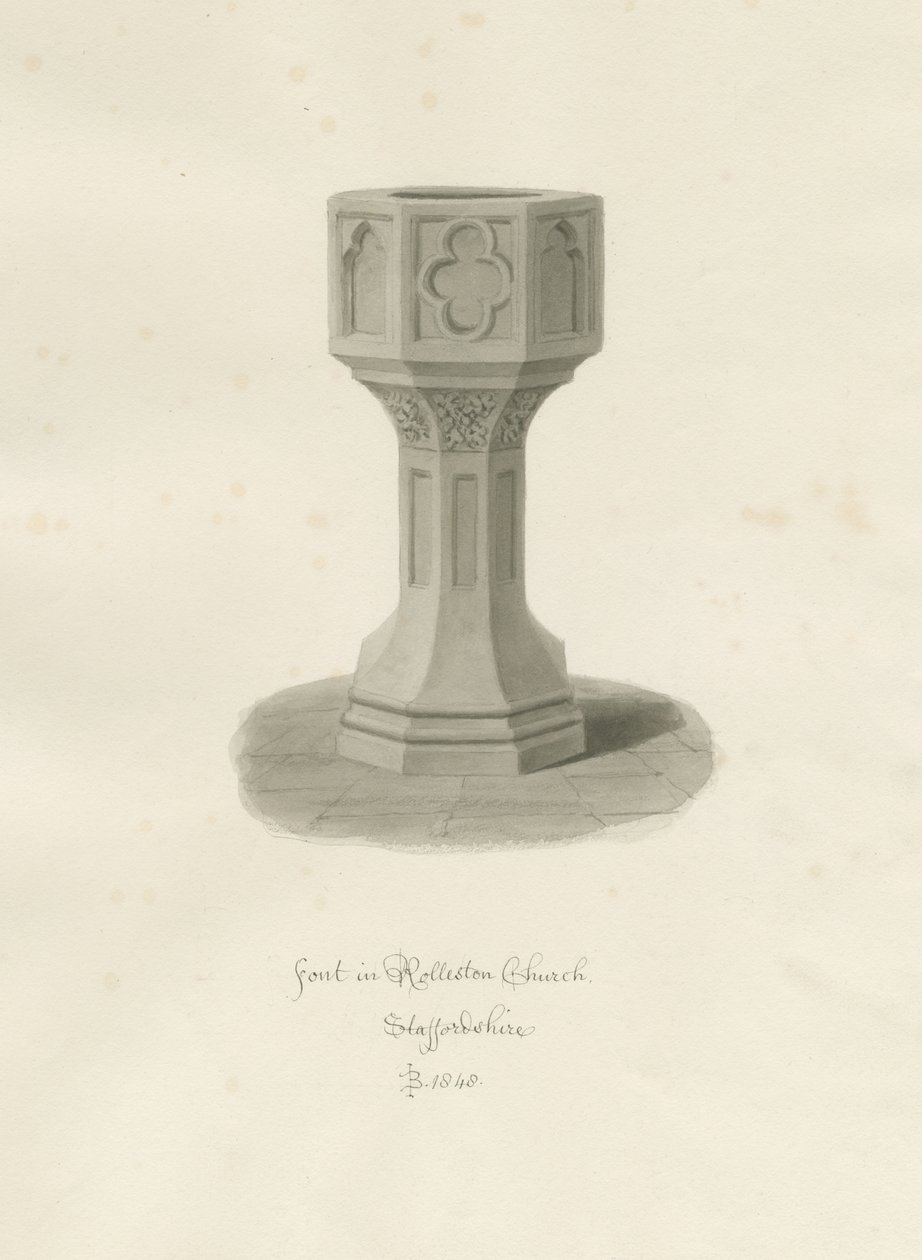 Font in Rolleston Church (sepia drawing), 1848