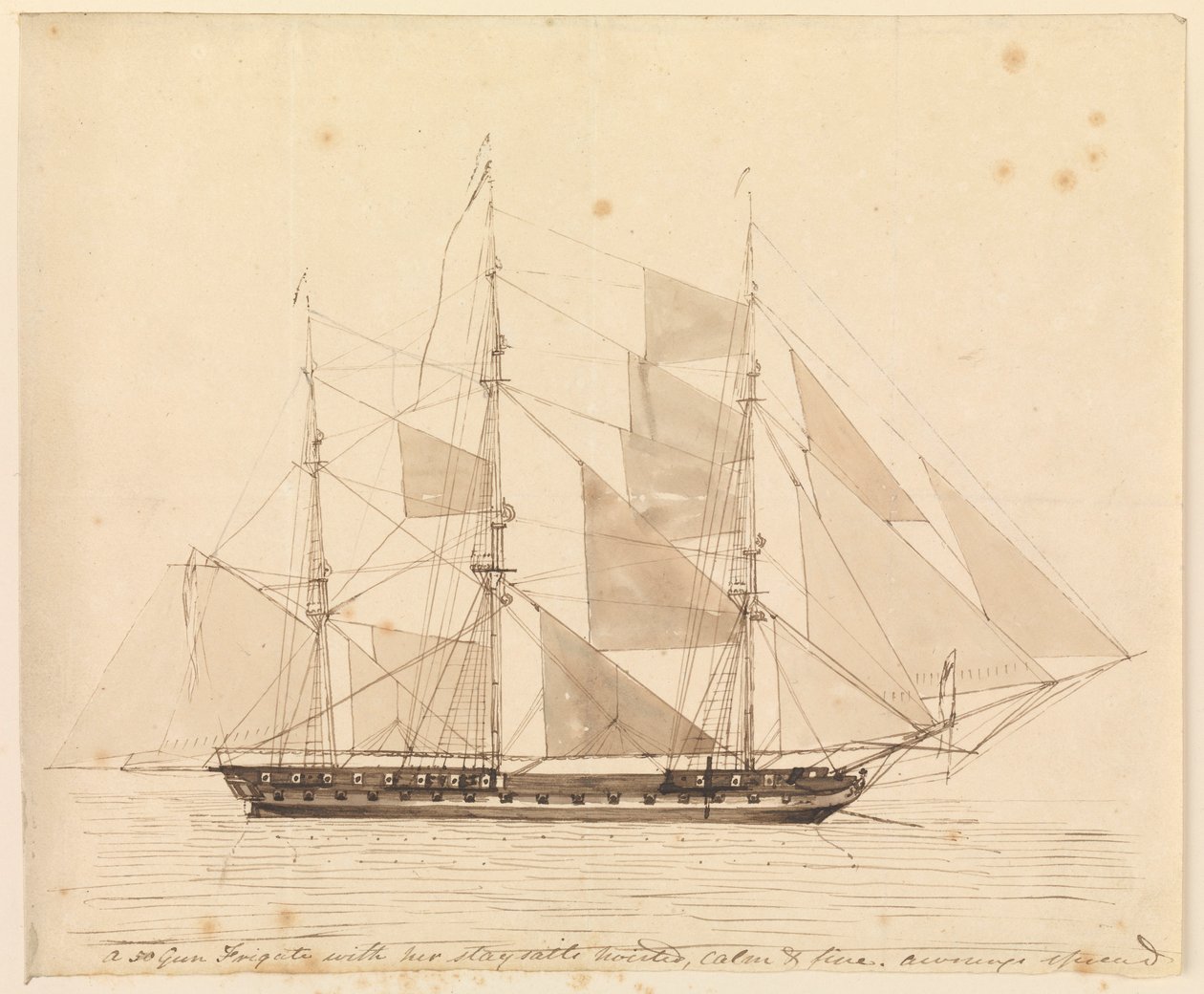 A 50-Gun Frigate with Her Staysails Hoisted, Calm and Fine, Awnings ...
