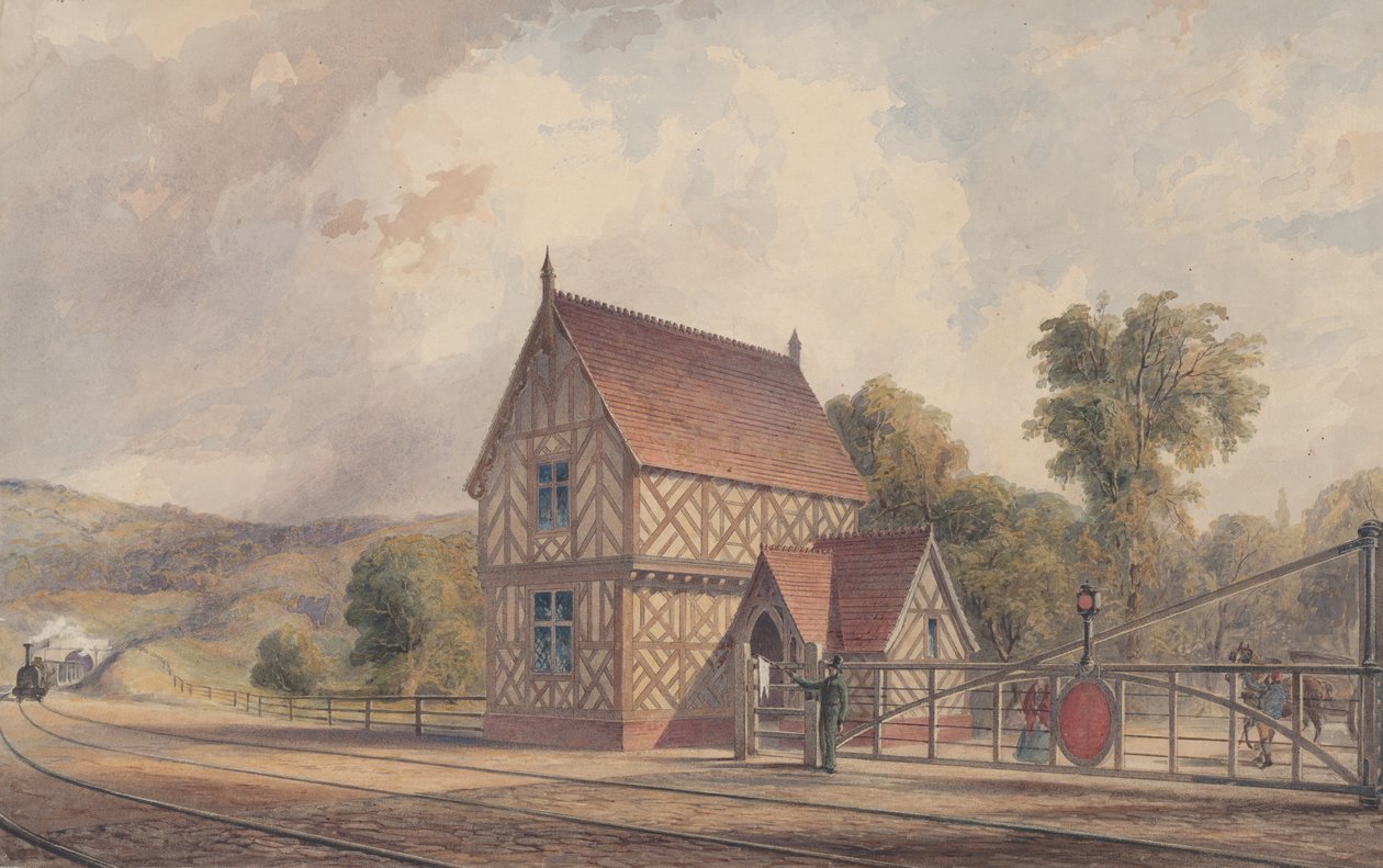 Tudor Style Rural Train Station and Railroad Crossing