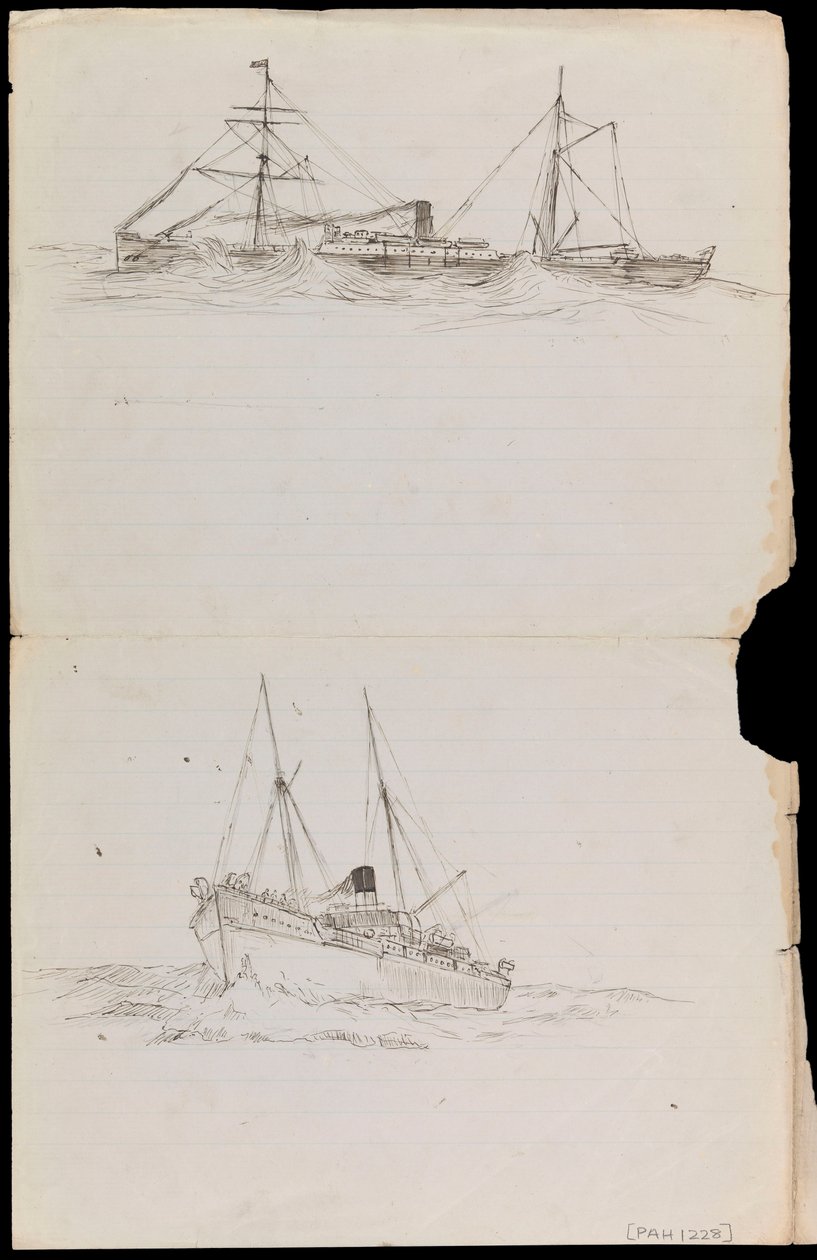 Sketches of a battleship and two other Royal Navy vessels