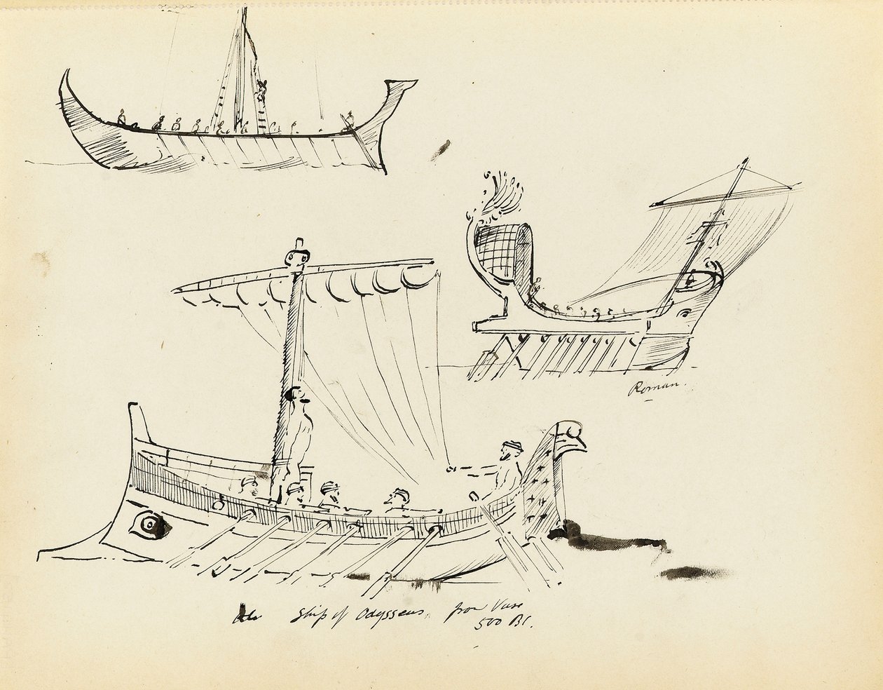 Sketches of Early Vessels Including a Roman Sail and Oar Vessel and Ship of Odysseus, 500 BC