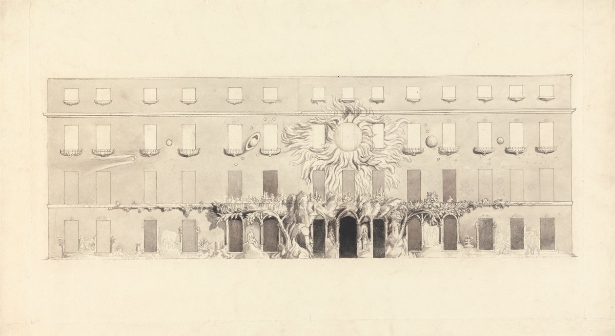 Architectural Drawing of a Building with Astrological Symbols