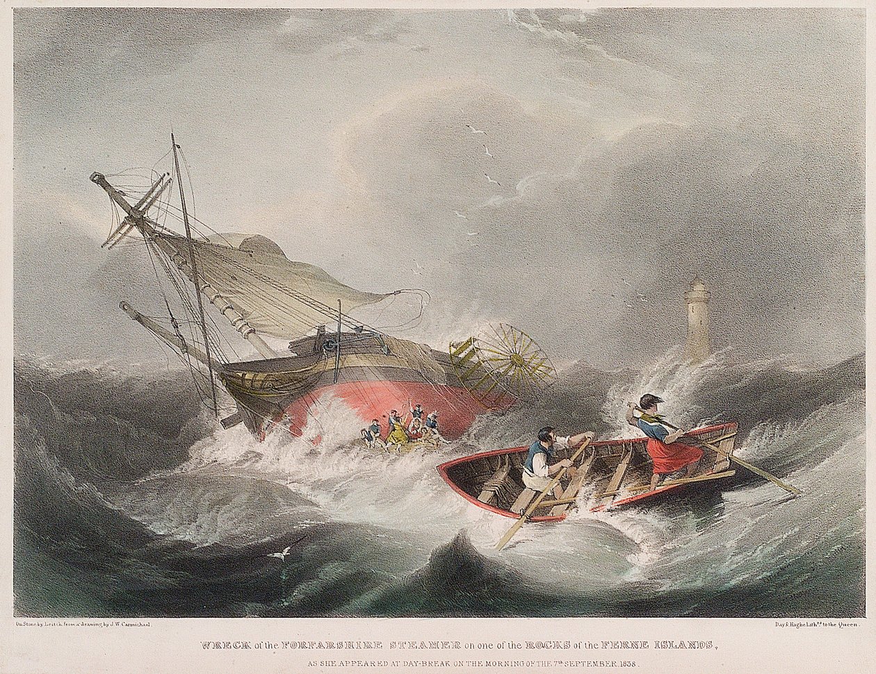 The sinking of the Forfarshire steamboat on the rocks of the Farne Islands