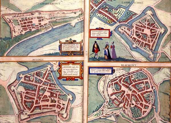 Maps of Charlemont, Landrechies, Avesnes, and Beaumont, from 'Civitates ...