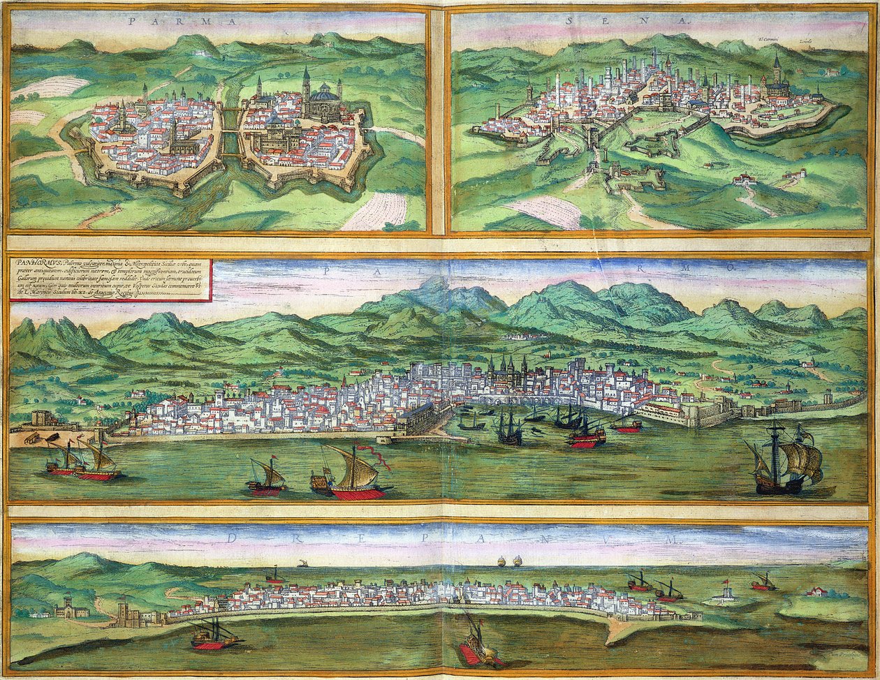 Map of Parma, Siena, Palermo, and Drepanum, from 'Civitates Orbis ...