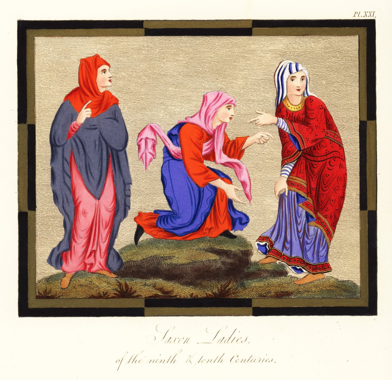 Anglo Saxon Women's Costumes, 9th and 10th Century (1854)