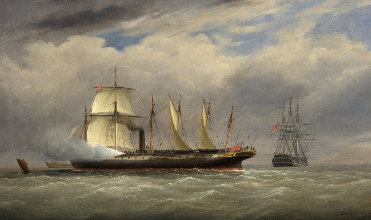 The SS 'Great Britain' under steam and sail, saluting a ship of war