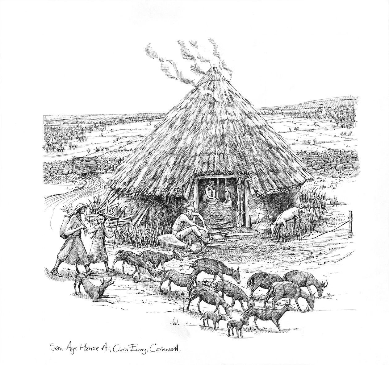 Farmers and a Herd of Goats Outside Iron Age Roundhouse