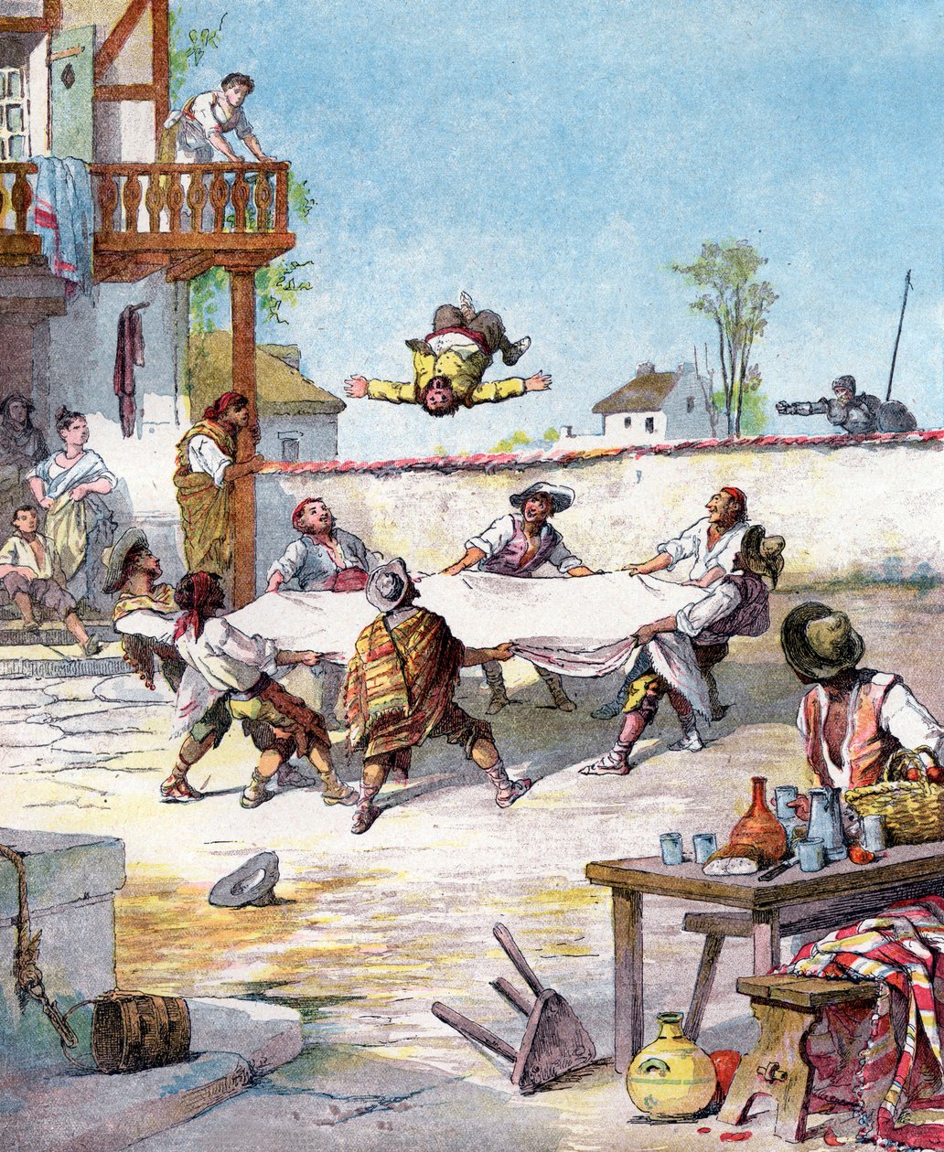 In Inn, Sancho Panza is manhandled, he's calling his master Don Quixote ...