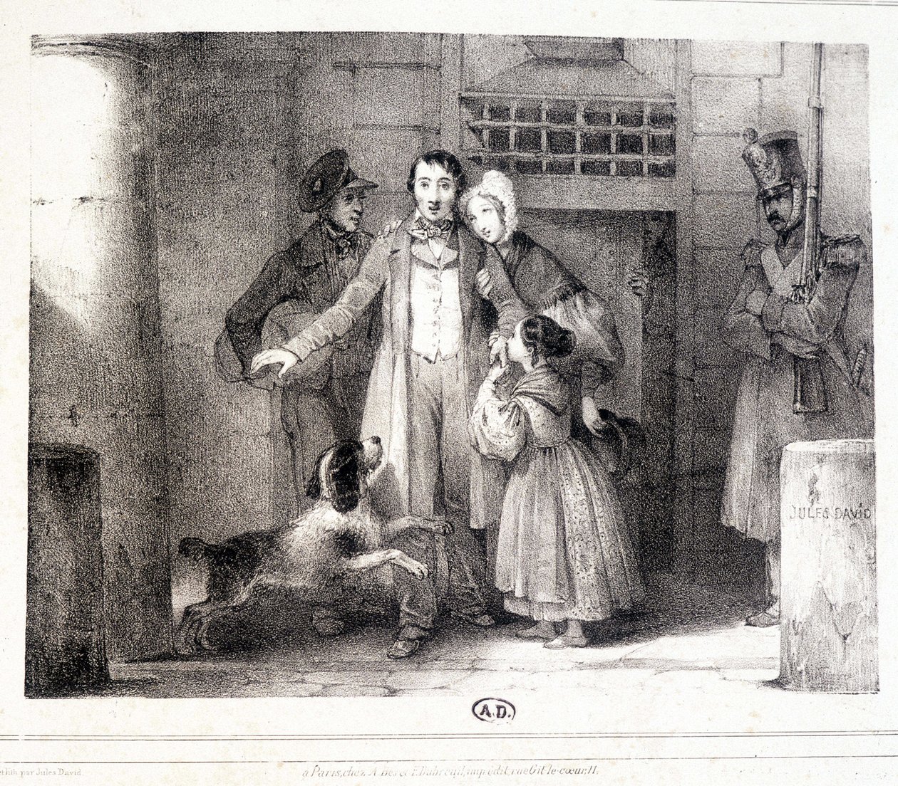 Man leaving prison and reunited with his family, c. 1830