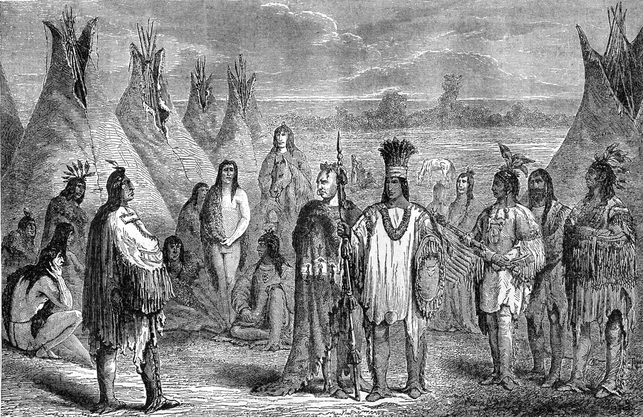 Group of Delawares Indians in their tipi camp