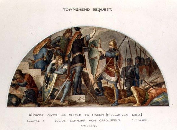 Rudiger gives his shield to Hagen, illustration for 'The Niebelungen ...