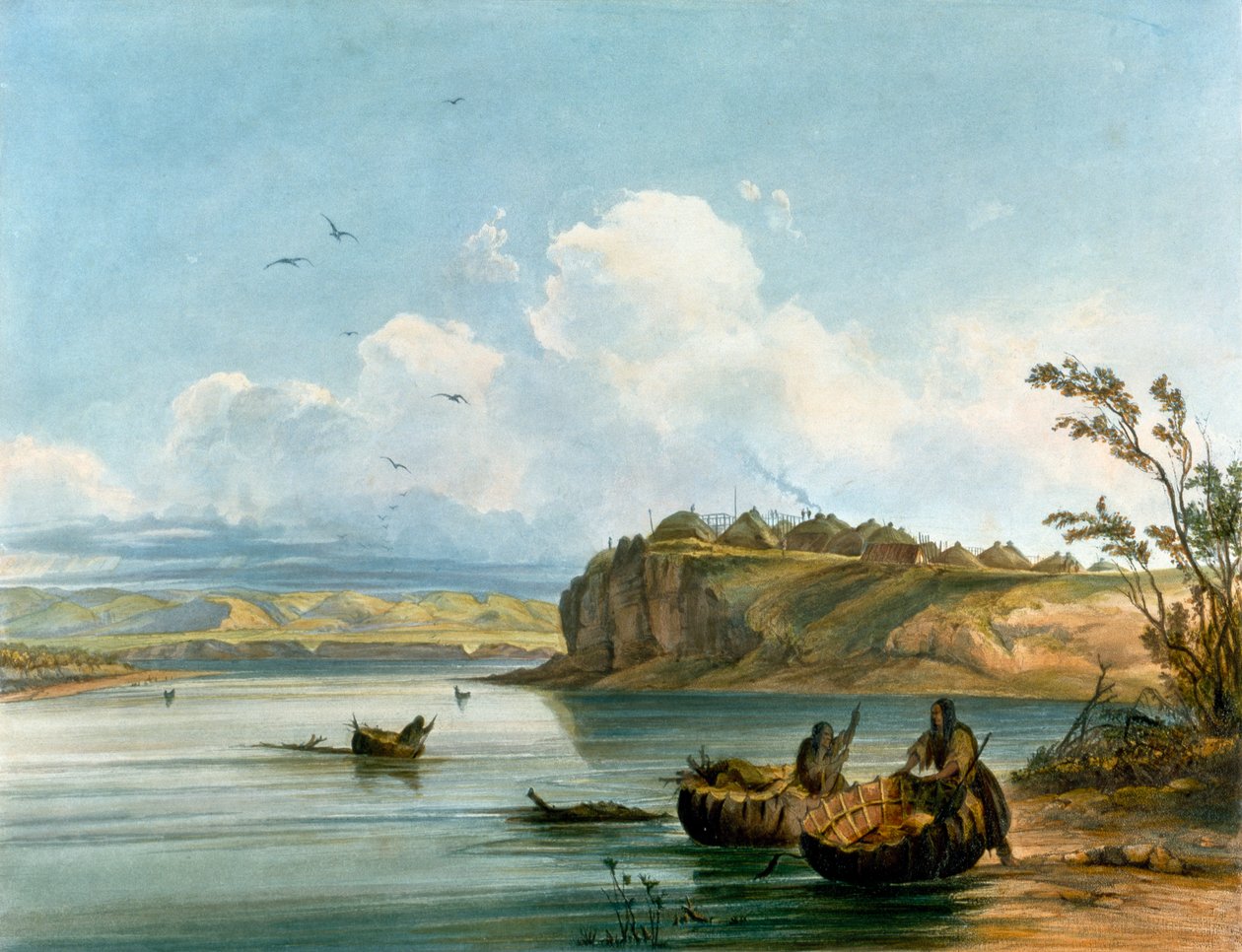 Mandan Native American women crossing Missouri River on boats made of ...