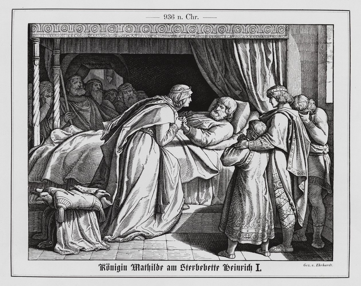 Queen Matilda beside the deathbed of King Henry I of East Francia, 936 ...
