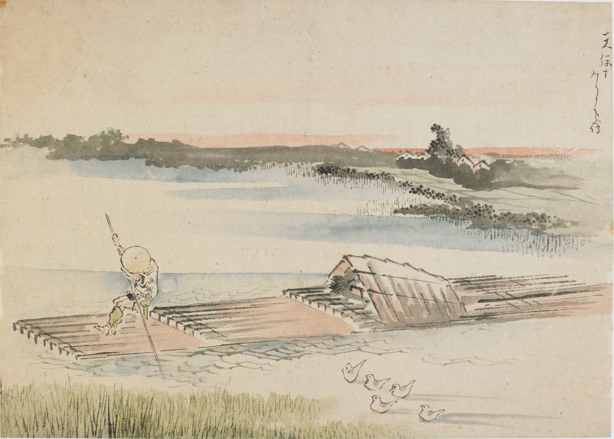 Landscape: Boatman Poling His Raft by Katsushika Hokusai