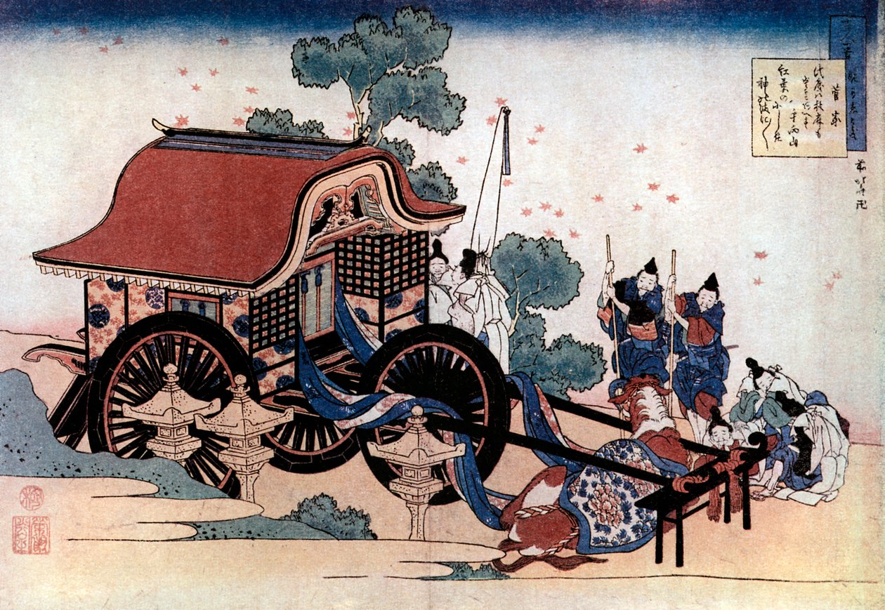 Pulling a three-wheeled carriage, Japanese woodcut, c1780-1849