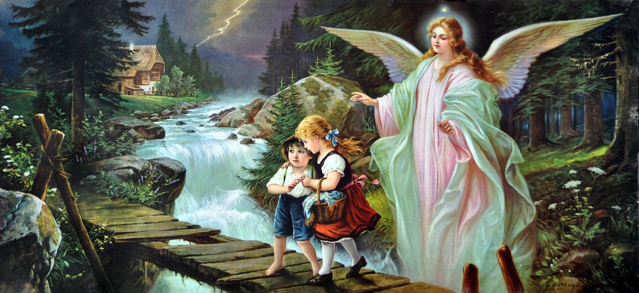 A Guardian Angel Protects Two Children Crossing a River on an Old ...