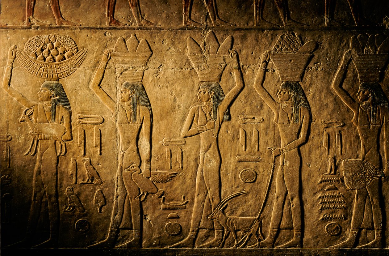 Women Carrying Bread, Bird, Goat and Produce, Tomb of Tiye, Egypt; Old ...
