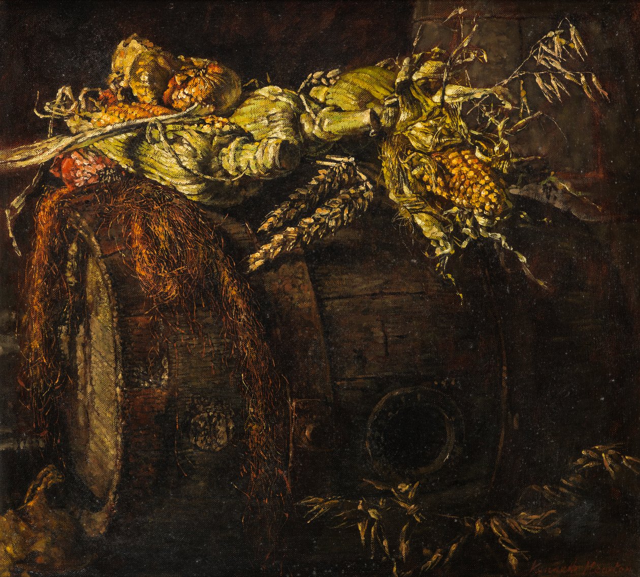 Old Barrel and Cobs of Corn by Kenneth Newton