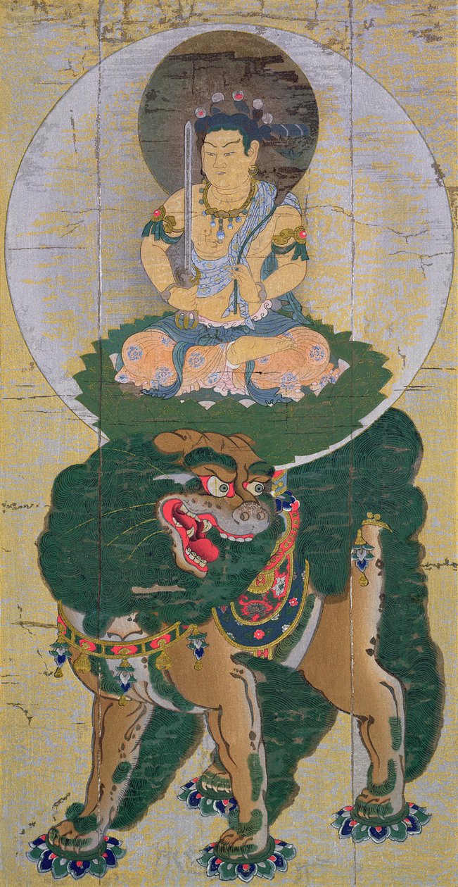 The Bodhisattva Manjushri riding on a lion breathing vapour ...